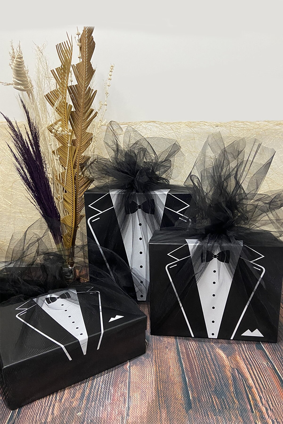 Damat Kutusu Smokin Model 3'lü Damat Bohçası Hediyeli Süsleme Tülü ...