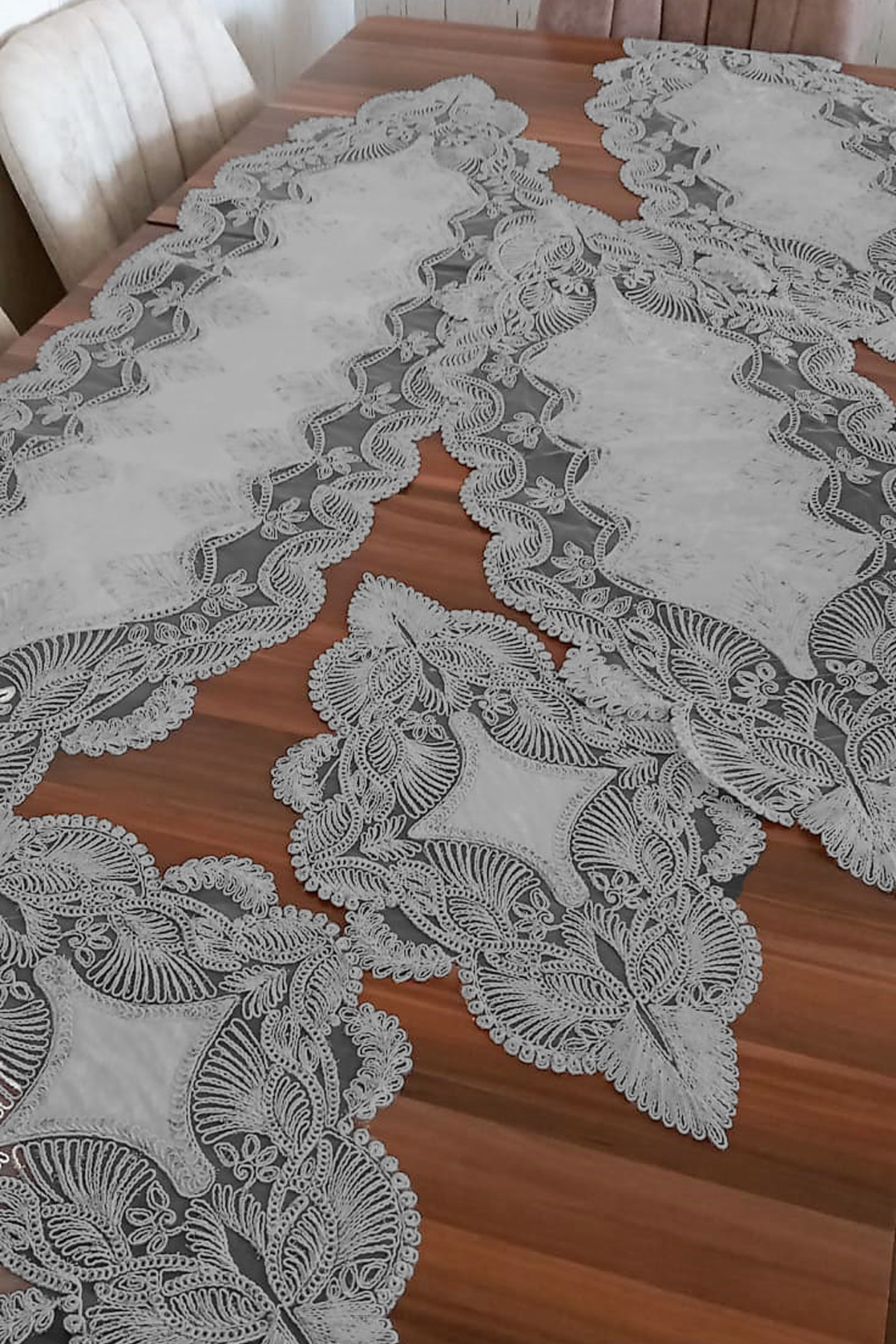Salon Takımı 5 Parça Dantelli Masa Örtüsü Runner Seti - Gri - Çeyizci